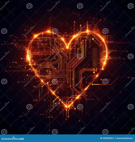 Glowing Heart Shaped Circuit Board With Pulsing Data Streams Stock Illustration Illustration