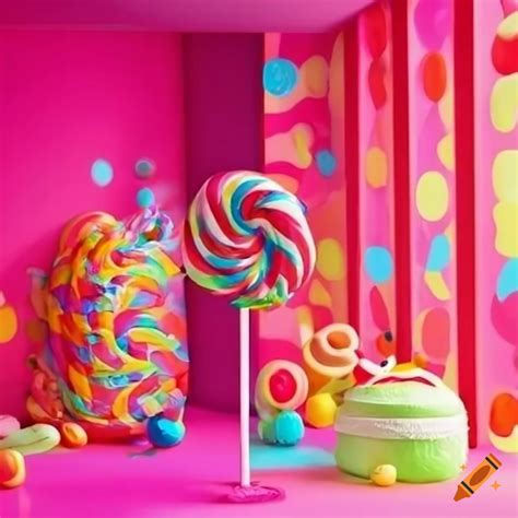 A Colorful Candy Room With A Giant Lollipop Inside
