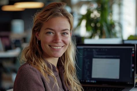 Premium Photo Happy Female Programmer In Office With Laptop Successful Achievements