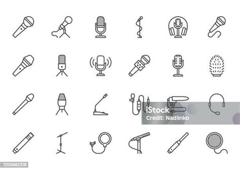 마이크 플랫 라인 아이콘 설정 팟 캐스트 마이크 기자 마이크 가라오케 회의 앞 유리 복고풍 라디오 벡터 일러스트레이션 음악 상점에 대한 개요 그림 픽셀 완벽한 64x64