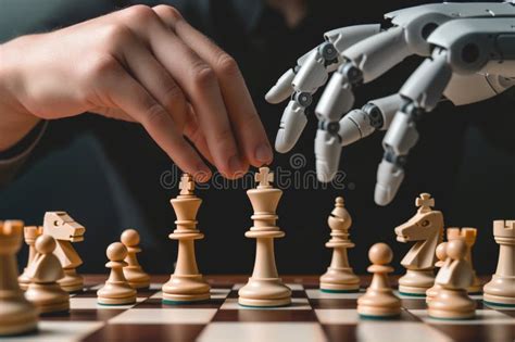 human and robot hands reaching for the same chess piece stock image image of robotics
