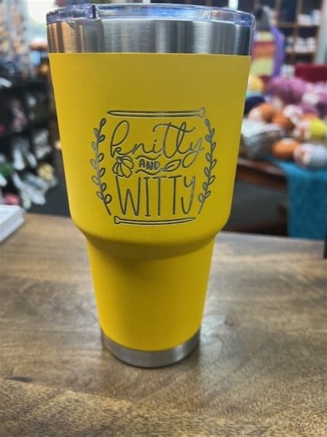 Knitty And Witty Yellow 30oz Tumbler On The Lamb Yarn Shoppe