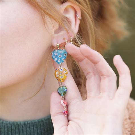 Asymmetrical Millefiori Heart Bead Drop Earrings Lisa Angel