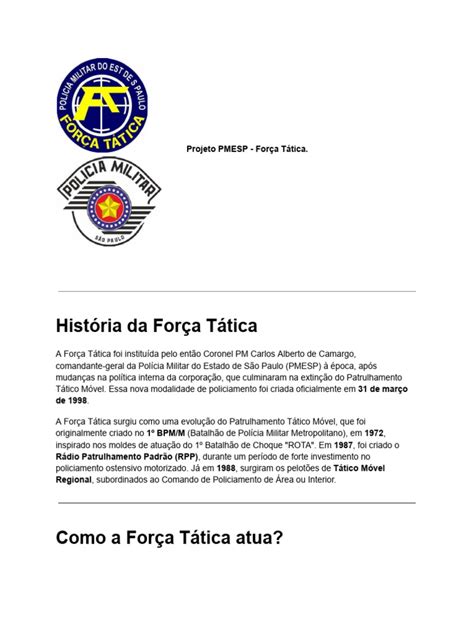 História E Atuação Da Força Tática Pmesp Pdf Polícia