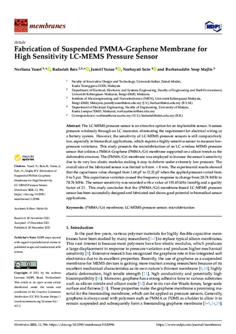 Pdf Fabrication Of Suspended Pmma Graphene Membrane For High Sensitivity Lc Mems Pressure Sensor