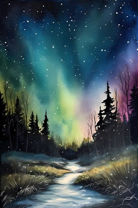 Peinture Aquarelle Aurores Boréales Aurore Boréale Décoration De Maison De Rêve Art Mural