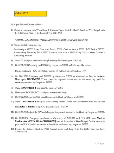 Tally Gst Assignment Question Pdf Pdf Invoice Cheque
