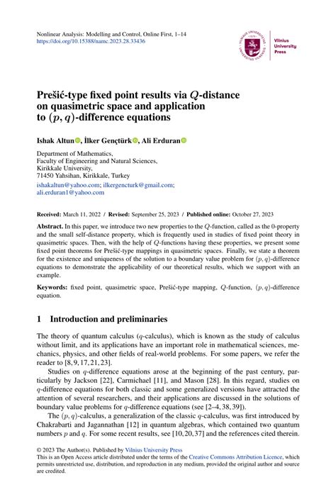 Pdf Prešić Type Fixed Point Results Via Q Distance On Quasimetric Space And Application To P