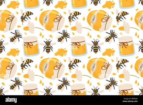 Bees And Honey Jars Create A Vibrant Pattern In A Cheerful Setting For