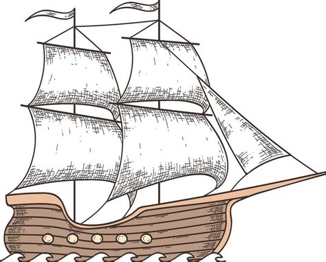 Hand Drawn Illustration Of A Vintage Sailing Ship With Sails Inflated