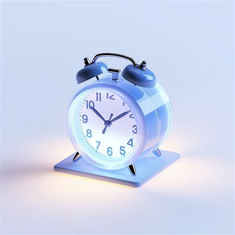 一个可爱的闹钟图标，蓝色磨砂玻璃，白色丙烯酸材料，透明科技感工业设计，白色背景，书房照明，等距，3d 豆友dshw的文本出图 自由创作作品