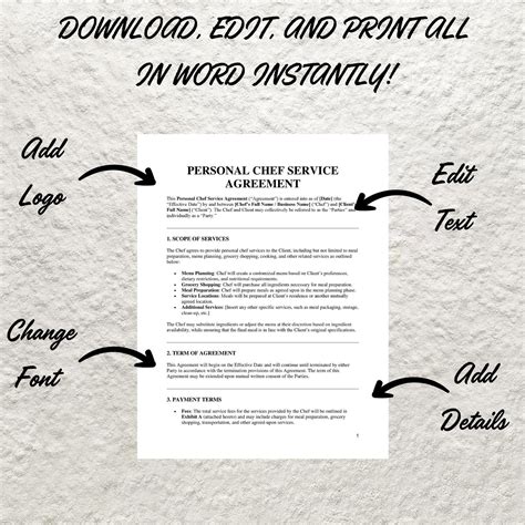 Personal Chef Contract Template Intake And Invoice Forms Editable Word