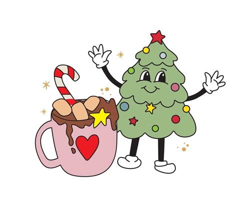 Cartoon Christmas Hugge Cozy Tree Mascot Character With Cocoa C40s 50s