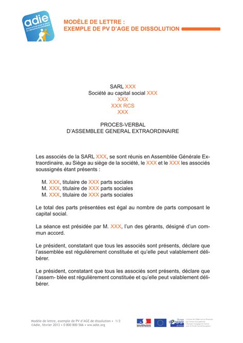 Modèle De Lettre Exemple De Pv D`age De Dissolution