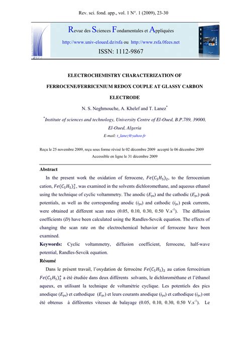 Pdf Electrochemistry Characterization Of Ferroceneferricenium Redox