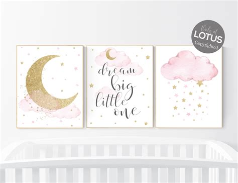 Pink And Gold Nursery Art Moon Stars Cloud Prints Etsy