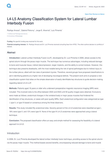 Pdf L4 L5 Anatomy Classification System For Lateral Lumbar Interbody Fusion