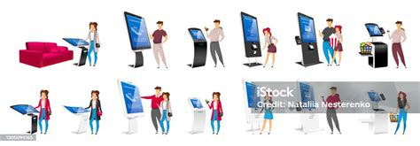 셀프 오더 키오스크 플랫 컬러 벡터 얼굴 없는 문자 세트를 사용하는 사람 대화 형 기계 사용자는 흰색 배경에 만화 일러스트를