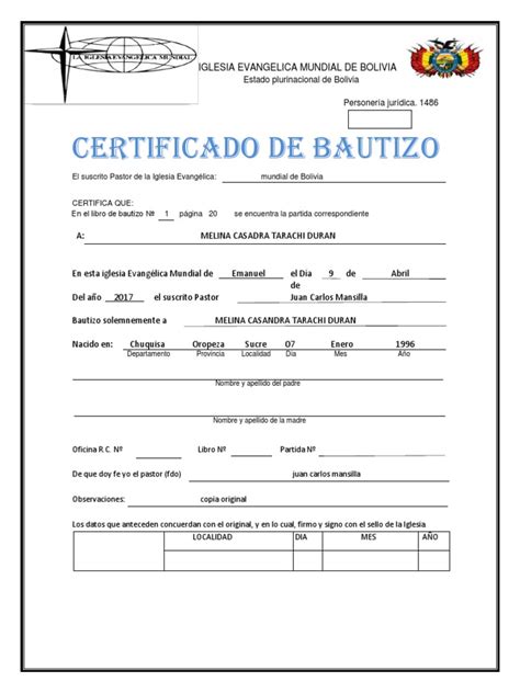 Modelo De Certificado De Bautismo De La Iglesia