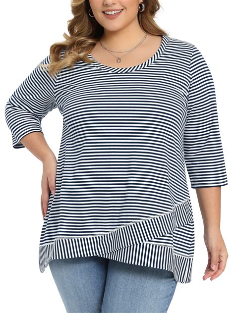 Grace And Grandeur Womens Plus Size Easter Striped Tops Scoop Neck Loose