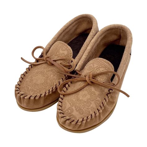 Womens Embossed Genuine Suede Leather Mocka Brown Moccasin Shoes