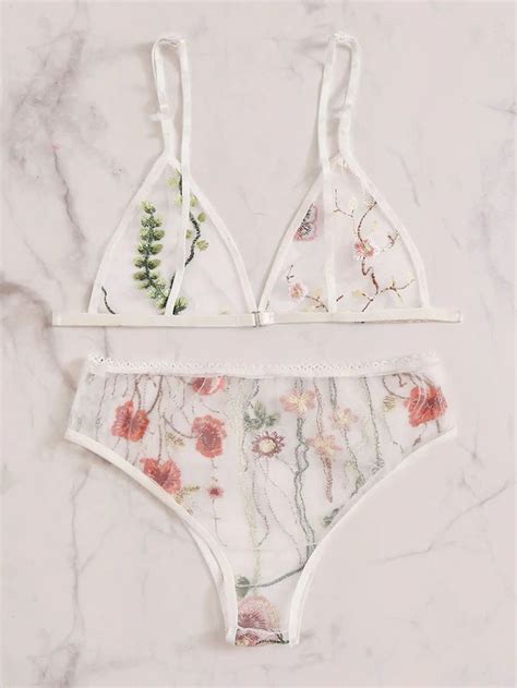 Sheer Mesh Floral Embroidery Sexy Lingerie Set Obeey