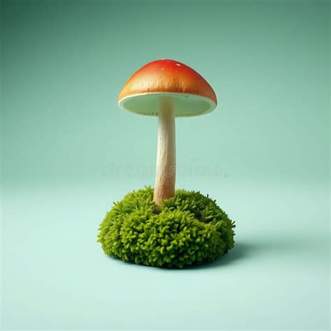 A Single Mushroom Standing Tall In A Bed Of Moss On A Pastel Mint