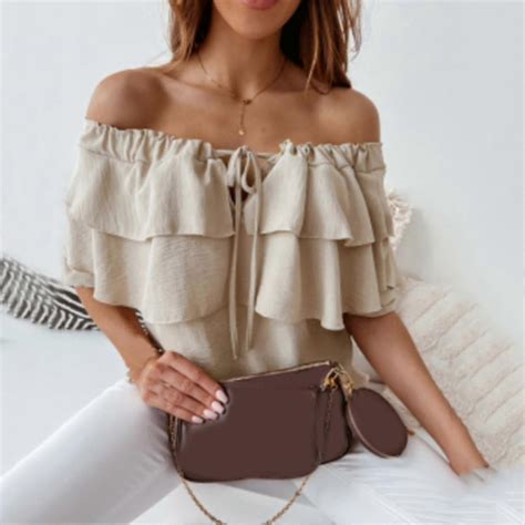 String Collar Layered Ruffle Women Blouse Off Shoulder Top Fruugo Uk