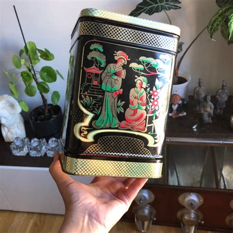 Large Tea Tin Made In England Vintage Tin Chinoiserie Granny Chic Nanna Chic Collectable Red