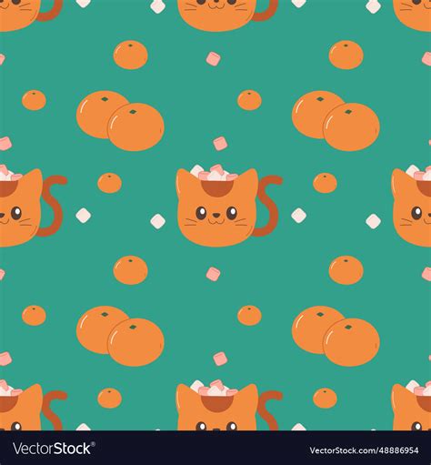 Pattern Seamless Cute Mug With Cat And Tangerine Vector Image