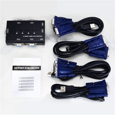 USB VGA KVM Switch With 4 Cables 4 Port Selector Switcher For 4PC Sharing One Video Monitor And