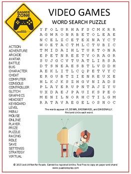 Video Games Word Search Puzzle Vocabulary Activity Worksheet Tpt