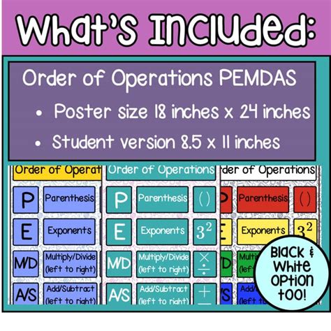 Order Of Operations Pemdas Anchor Chart Poster Student Version Black
