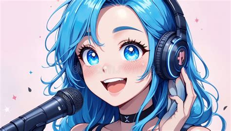 Vibrant Blue Haired Girl Singing A Bright Anime Style Portrait Stock
