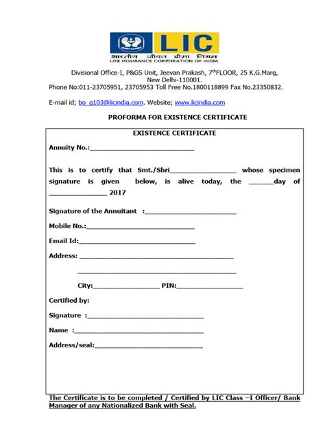Lic Existence Certificate Form Template Pdf