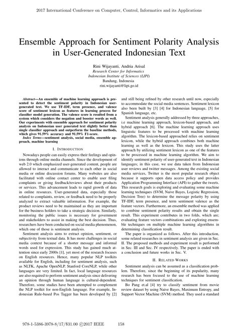 Pdf Ensemble Approach For Sentiment Polarity Analysis In User Generated Indonesian Text