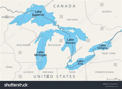 Great Lakes North America Political Map Vetor Stock Livre De Direitos