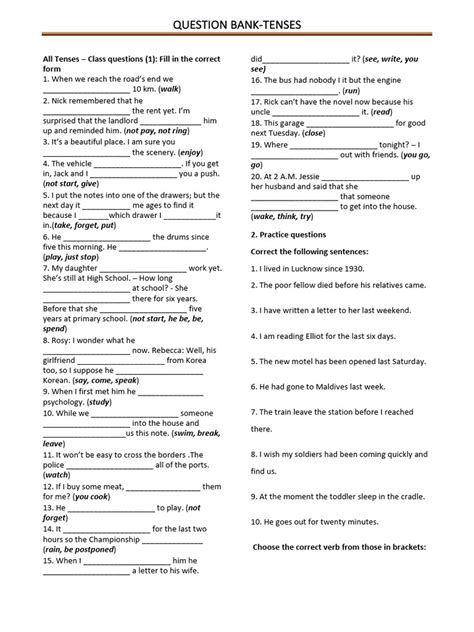 Tenses Question Bank Pdf