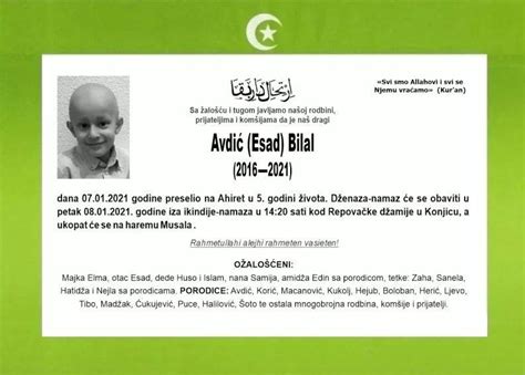 U 5 Oj Godini života Na Ahiret Preselio Avdić Esad Bilal
