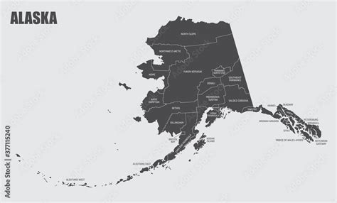 The Alaska Map Divided In Counties With Labels Usa Stock Vector