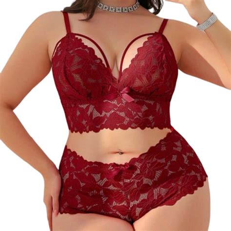 Jsgek Plus Size Lingerie Sets For Women Lace Bra 2pc Mesh Sheer Panties