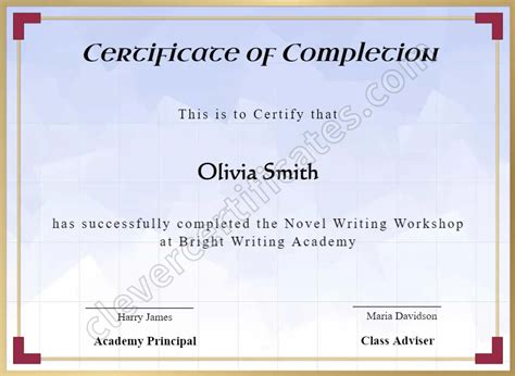 Novel Writing Workshop Completion Certificate Editable Completion Ce