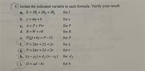 Solved 4 Isolate The Indicated Variable In Each Formula