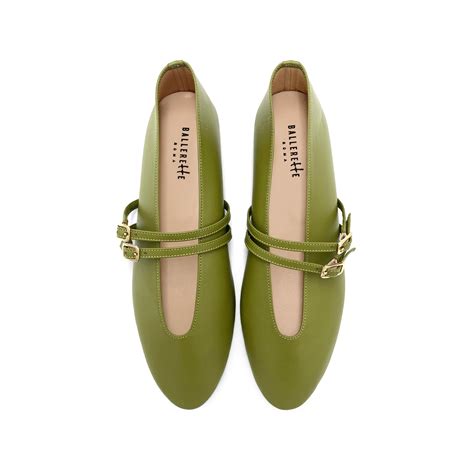 Olive Green Leather Ballet Flats With V Cut And Straps