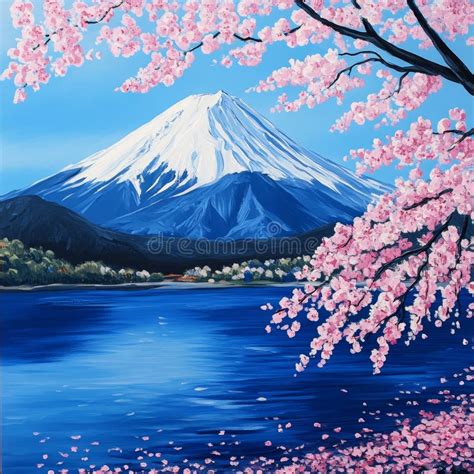 Mt Fuji And Cherry Blossoms In Japanese Style Stock Illustration