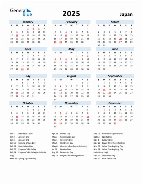 Japan 2025 Calendar With Holidays