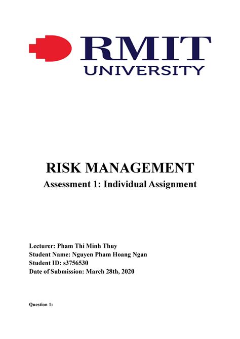 Risk Management Assignment 1 Risk Management Assessment 1 Individual Assignment Lecturer