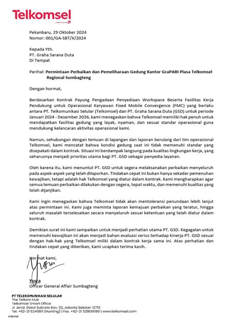 Surat Permintaan Perbaikan And Pemeliharaan Grapari Plasa Sumbagteng Pdf