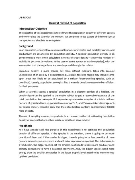 Lab Report Quadrat Method Of Population Pdf Ecology Natural