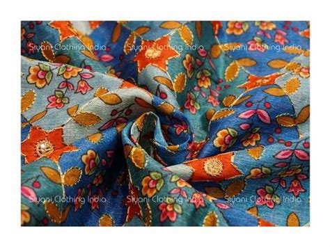 Blue Multicolor Thread Floral Embroidered Silk Fabric Embroidered Silk